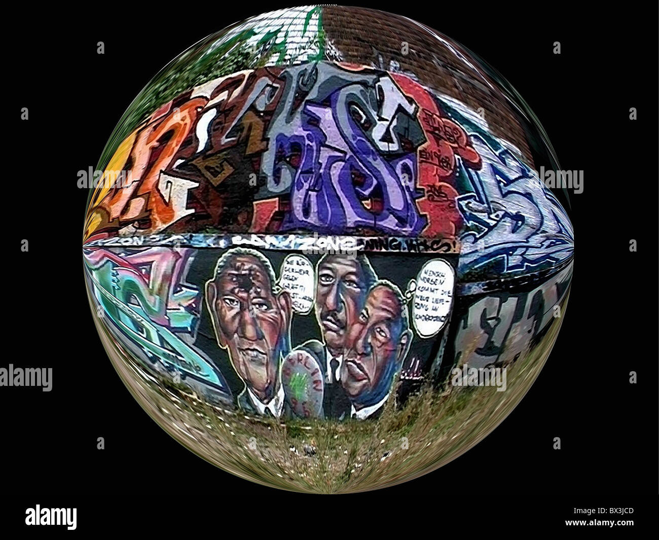 graffiti sprayed damage to property wall spraying Fisheye effect Stock ...