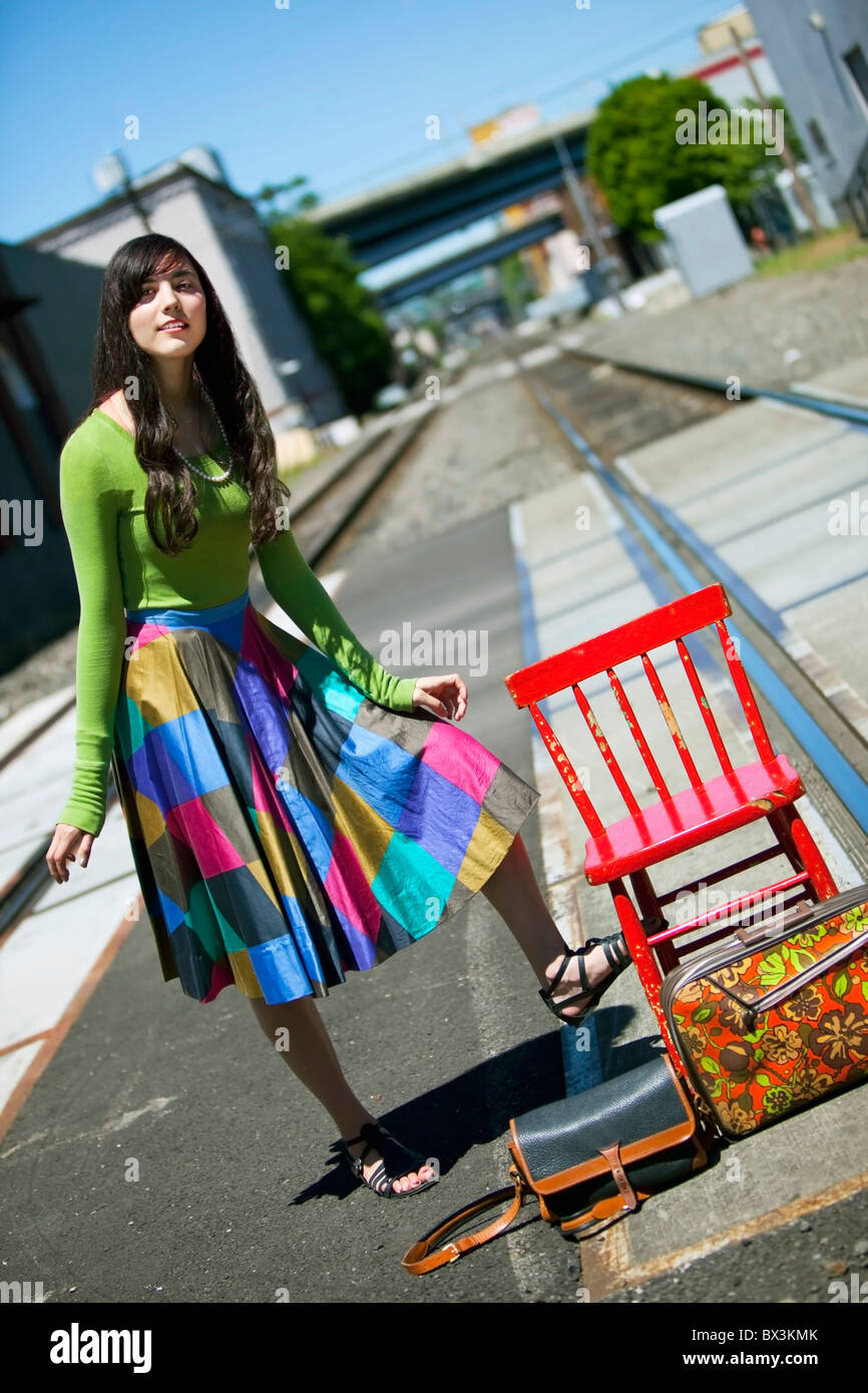 Teenage Girl Waiting For The Train In Downtown: Portland, Oregon ...