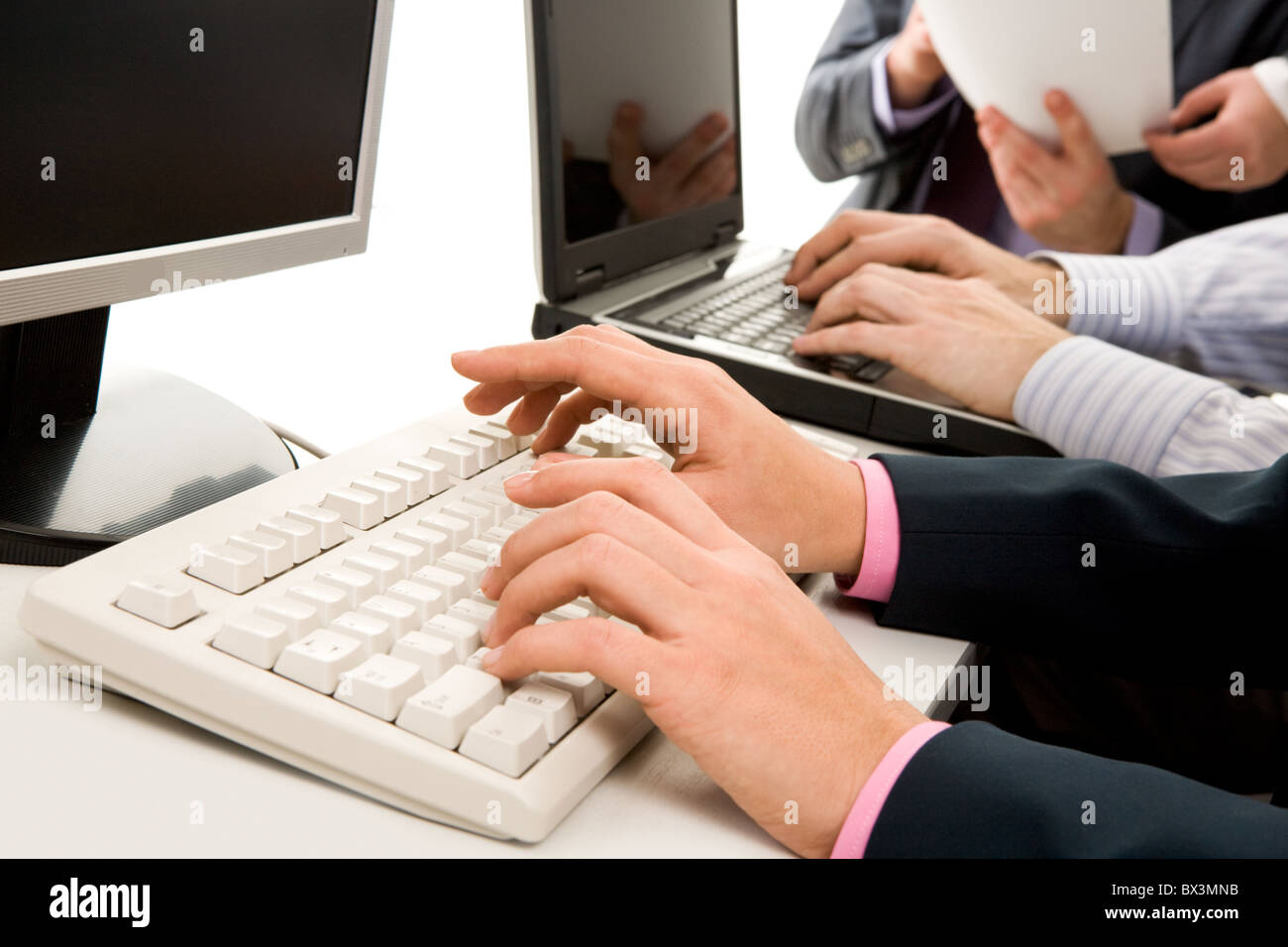 Photo of female’s hands touching keys of computer board during briefing ...