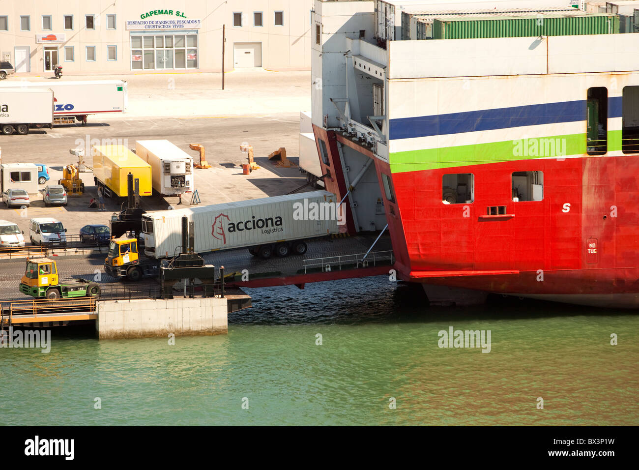 Ro ro .lorry transporter ferry discharging "trailers" at cadiz port ...