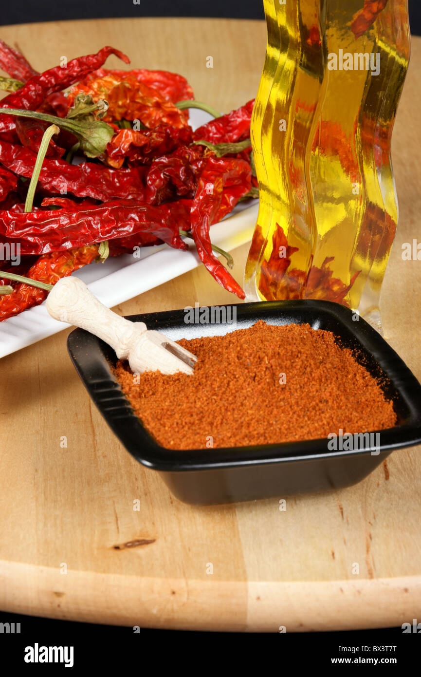 Ingredients for italian hot cuisine: sun dried, red hot chilli peppers ...