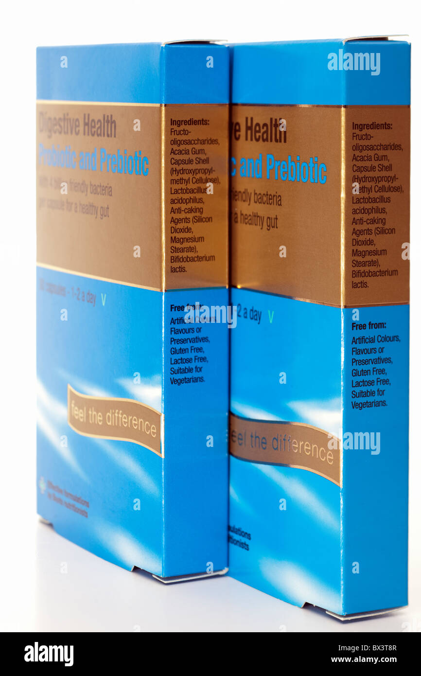 Two boxes of Probiotic and Prebiotic friendly bacteria capsules Stock ...