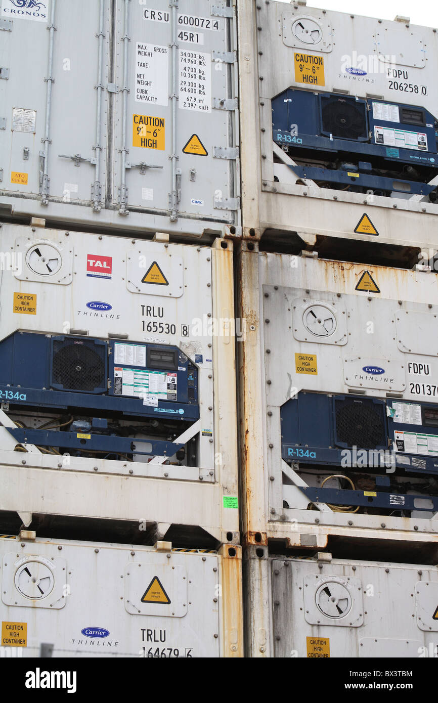 refrigeration container units stacked on quayside Lisbon harbour Stock ...