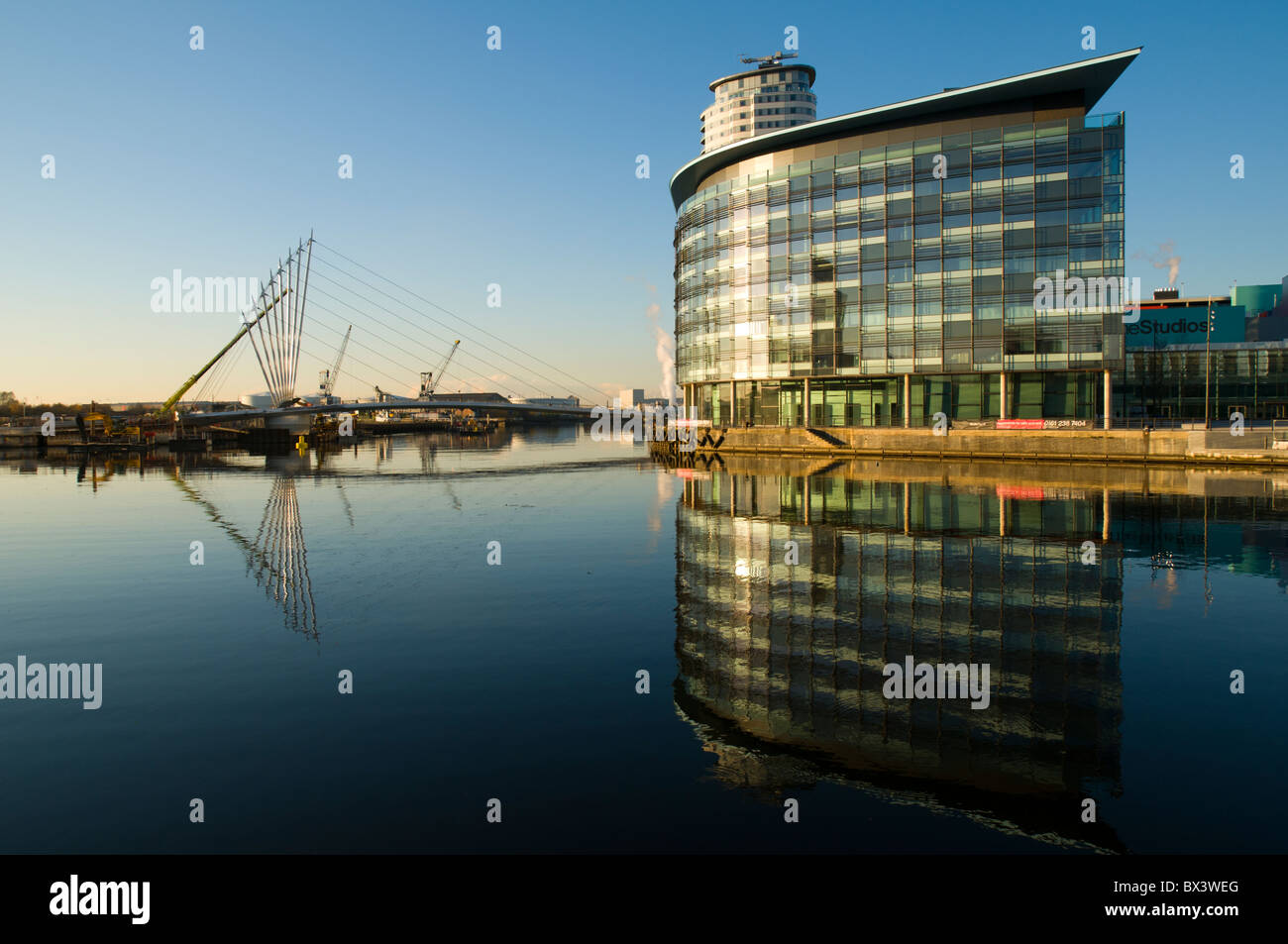 Quay House and the new footbridge (2010) over the Manchester Ship Canal ...