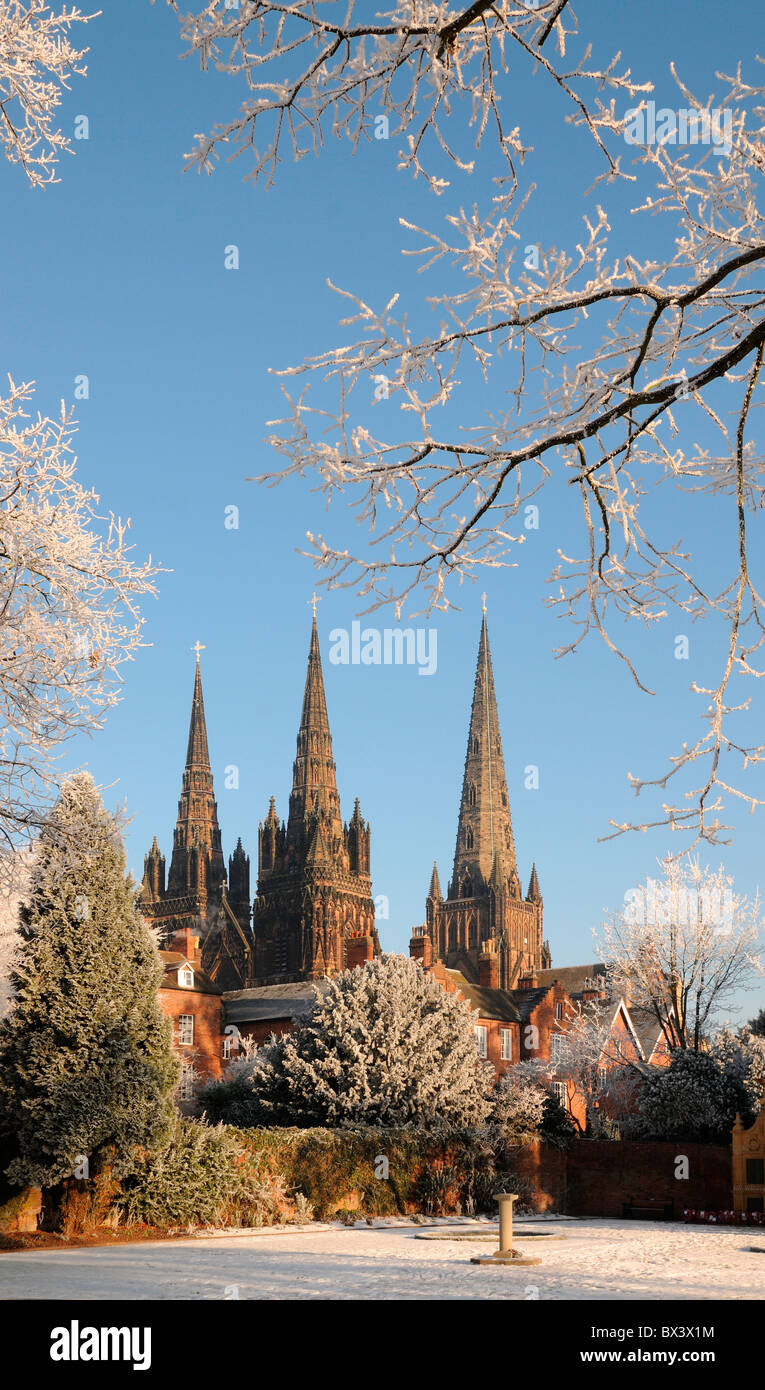 Lichfield Cathedral of St Chad with three spires seen from the Memorial ...