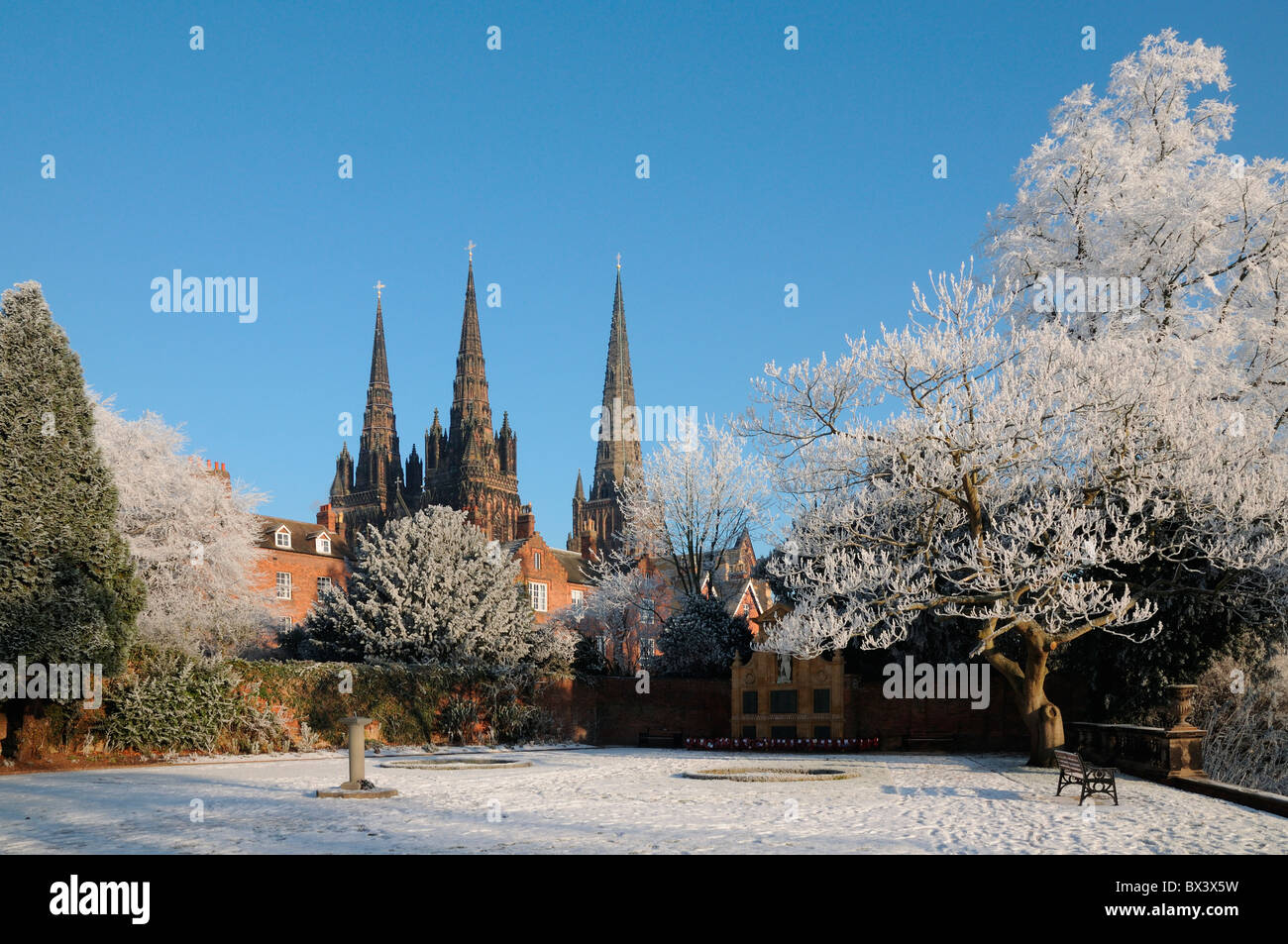 Lichfield Cathedral of St Chad with three spires seen from the Memorial ...
