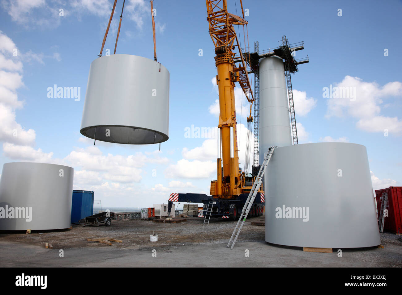 Construction site of a wind power plant, assembly of the Wind turbine ...