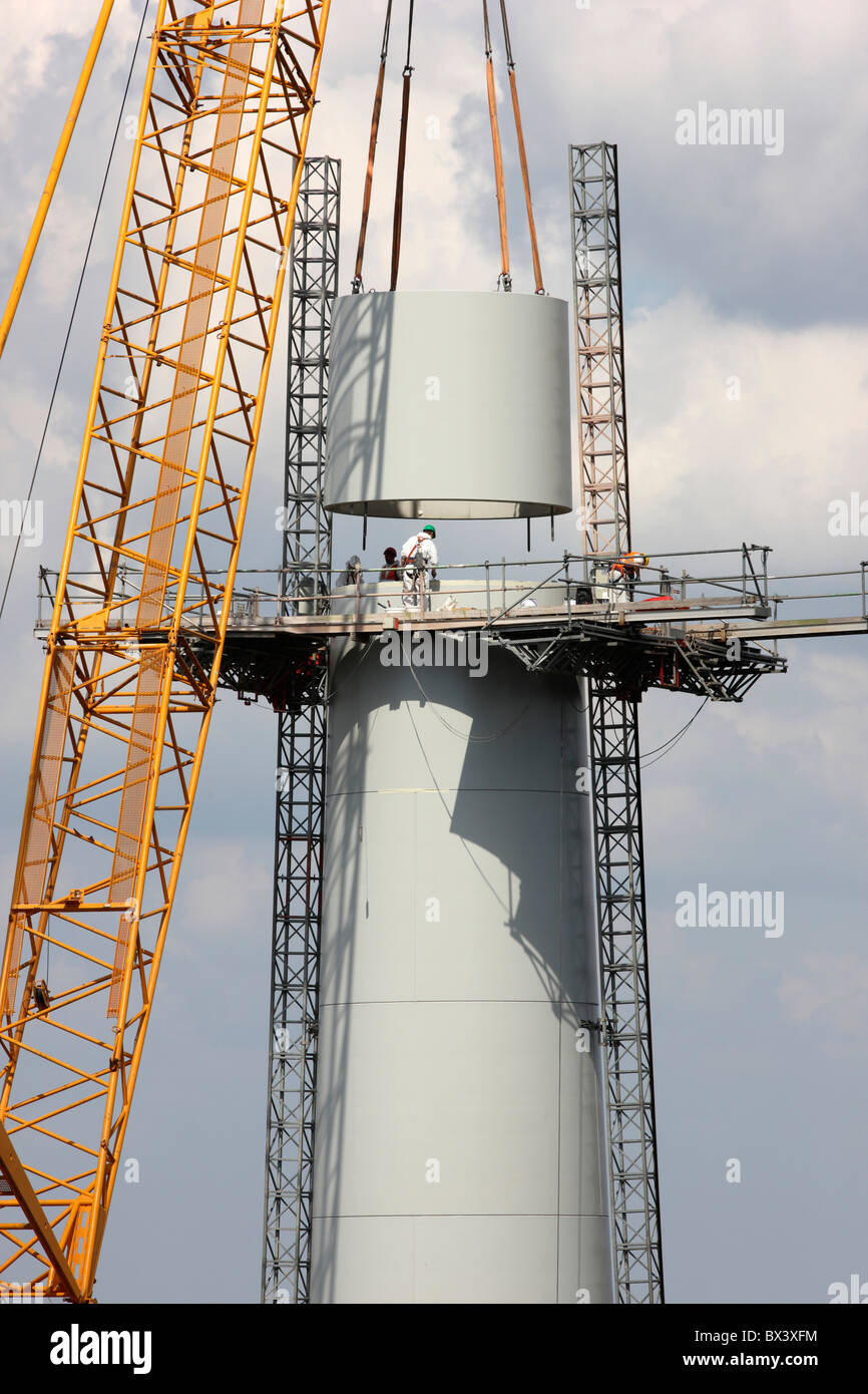 Construction site of a wind power plant, assembly of the Wind turbine ...