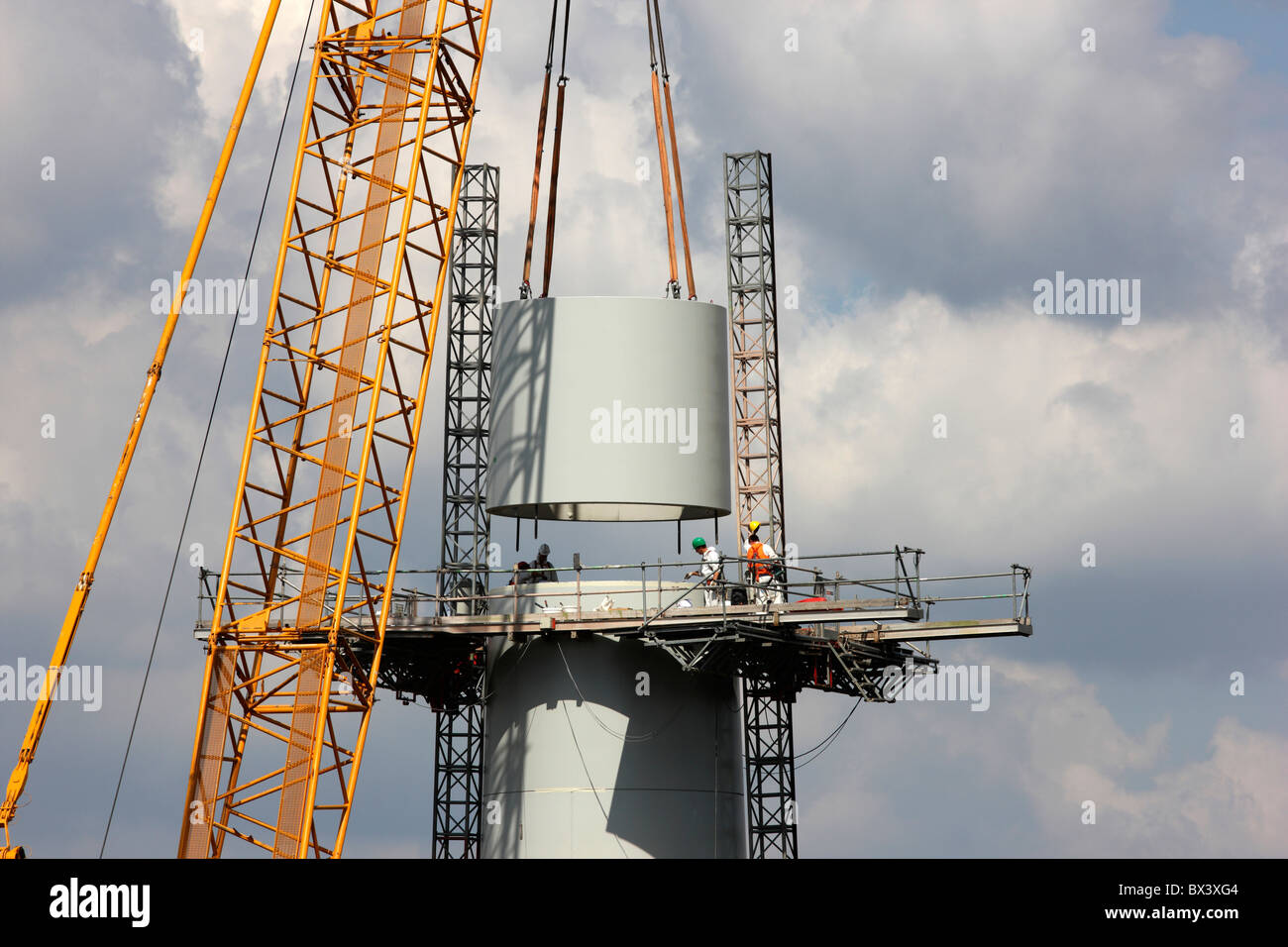 Construction site of a wind power plant, assembly of the Wind turbine ...