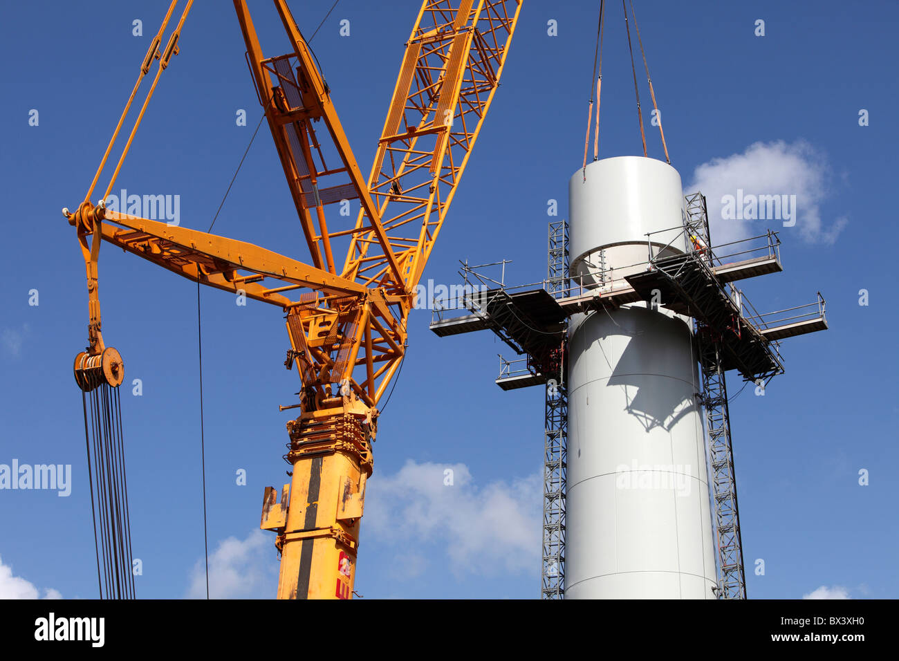 Construction site of a wind power plant, assembly of the Wind turbine ...