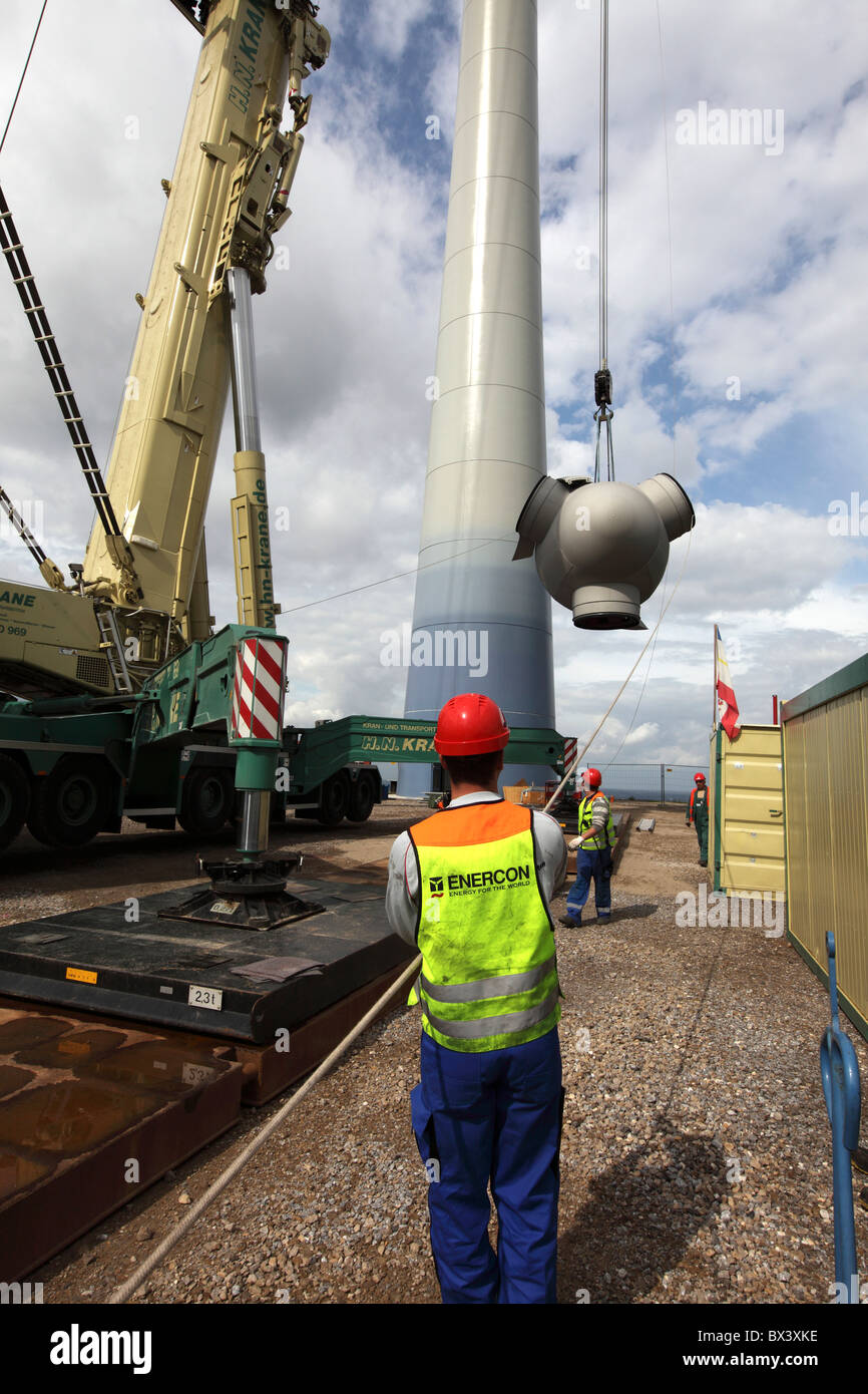 Construction site of a wind power plant, assembly of the Wind turbine ...