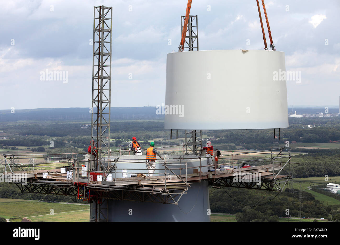 Construction site of a wind power plant, assembly of the Wind turbine ...