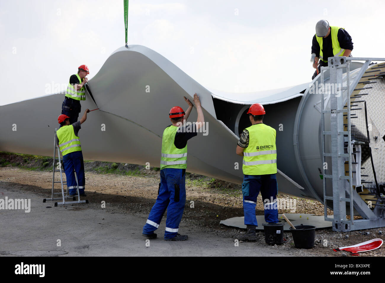 Construction site of a wind power plant, assembly of the Wind turbine ...
