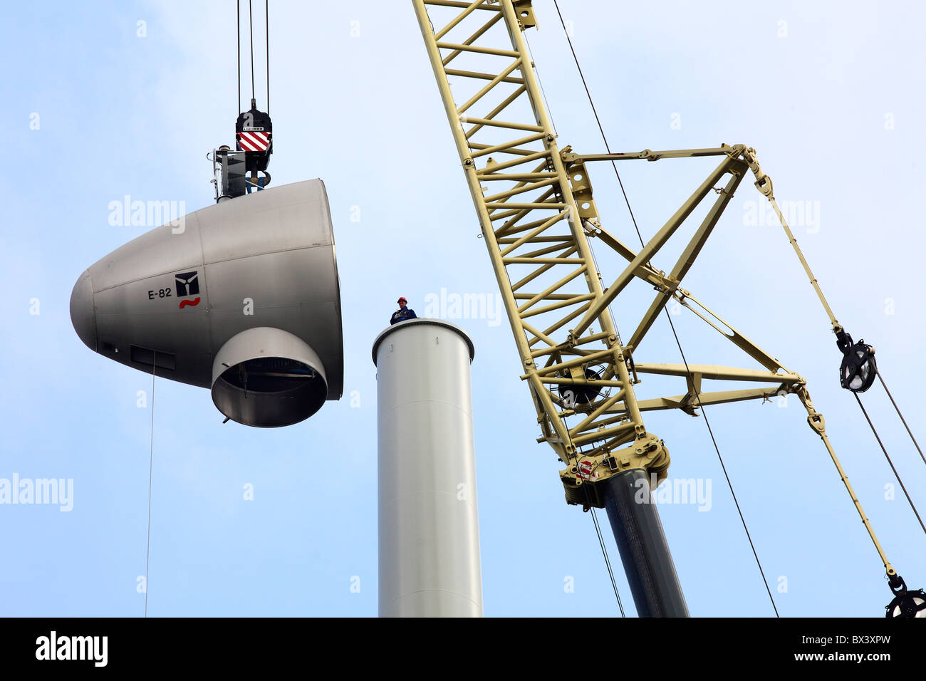 Construction site of a wind power plant, assembly of the Wind turbine ...