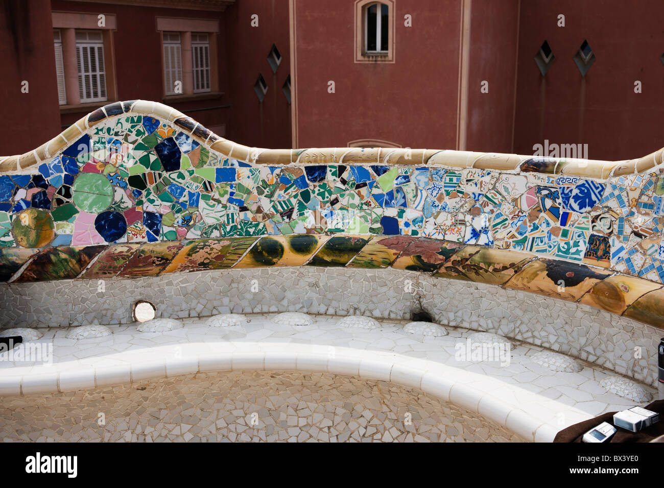 Mosaic Covered Serpentine Bench In Park Güell; Barcelona, Spain Stock ...