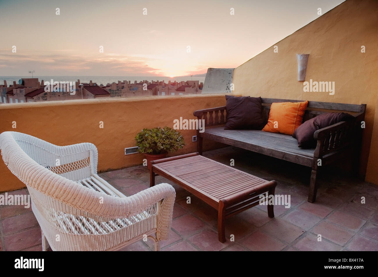 Furniture On An Outdoor Patio Near Los Lances Beach; Tarifa, Cadiz ...