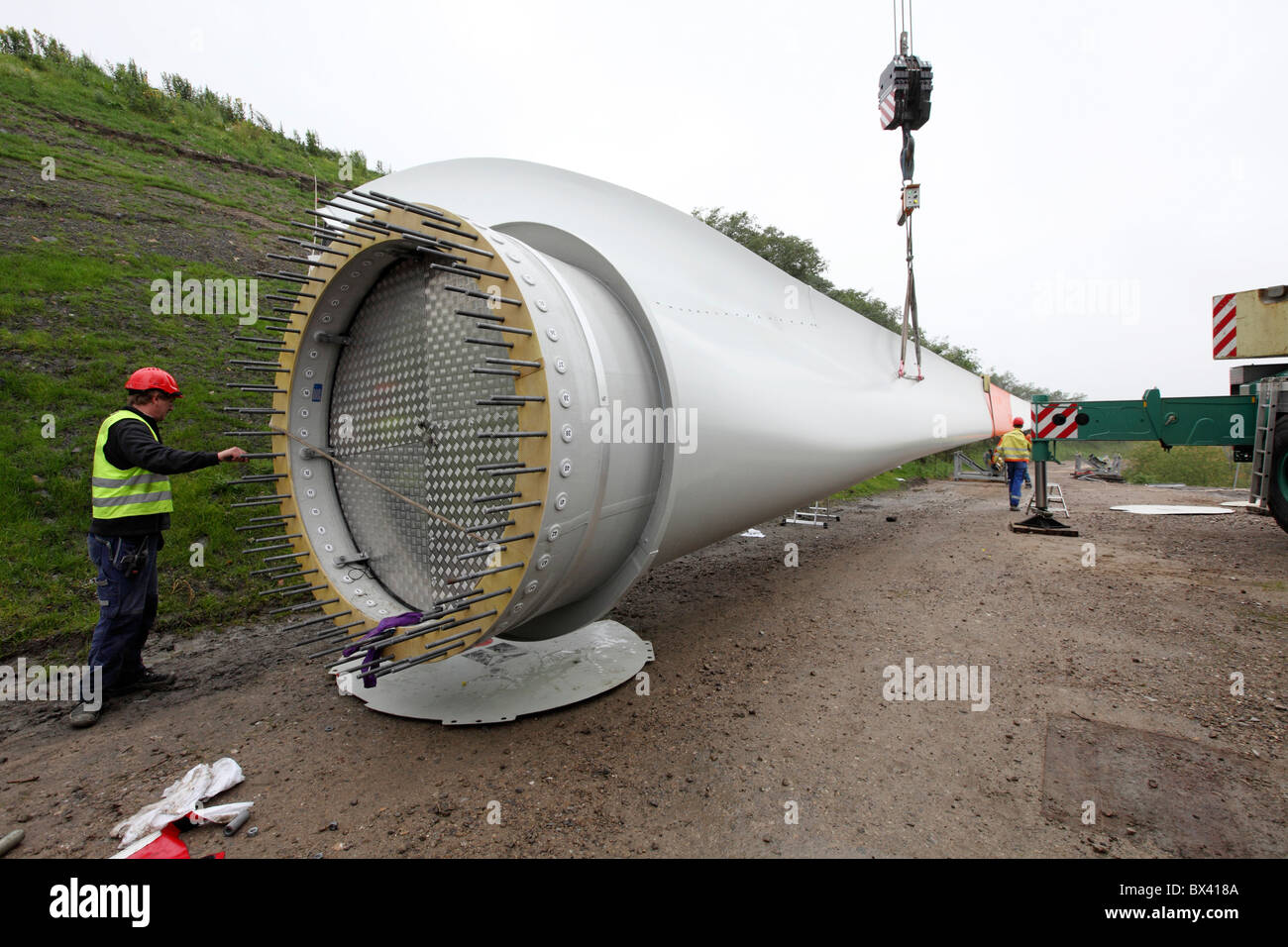 Construction site of a wind power plant, assembly of the Wind turbine ...