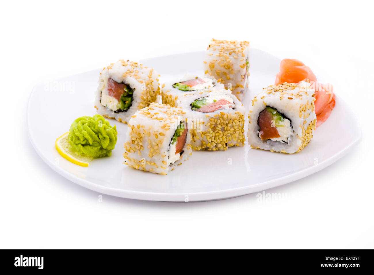 Image of maki sushi with sesame, pickled ginger and wasabi Stock Photo ...