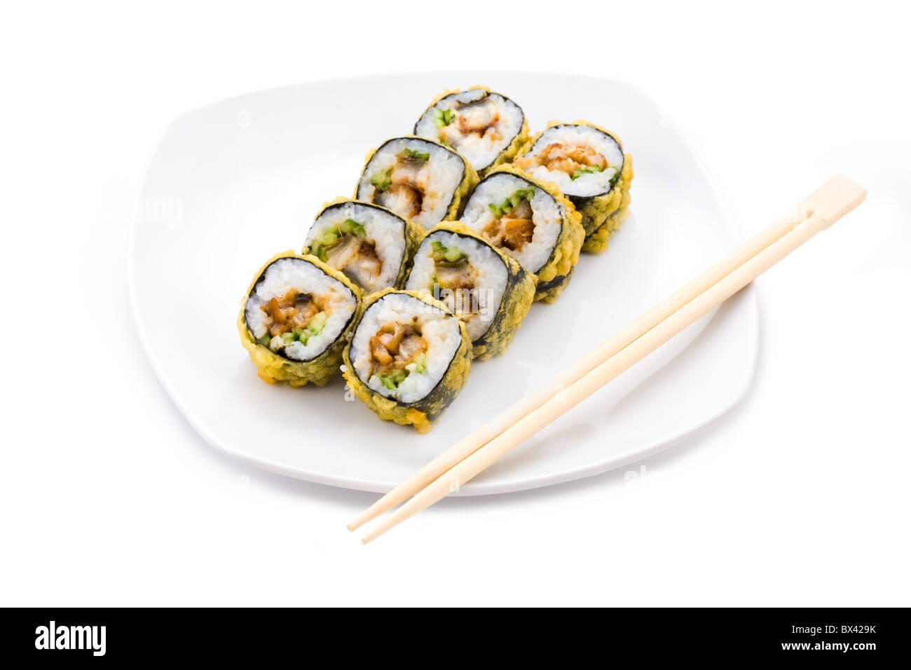Image of maki sushi with special wooden sticks Stock Photo - Alamy
