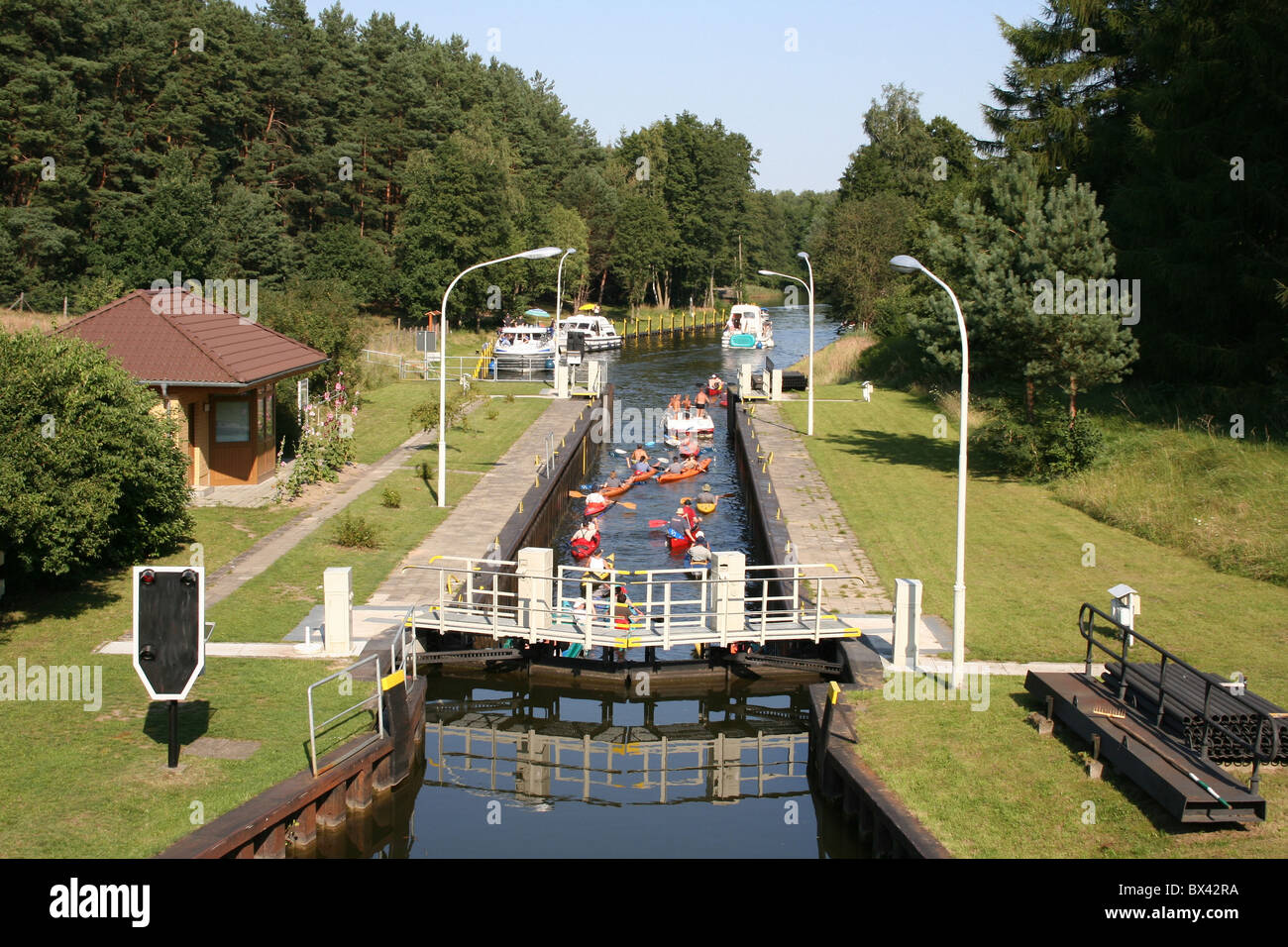 sluice floodgate Brandenburg canal boats Kayaks water Waterway fairway ...