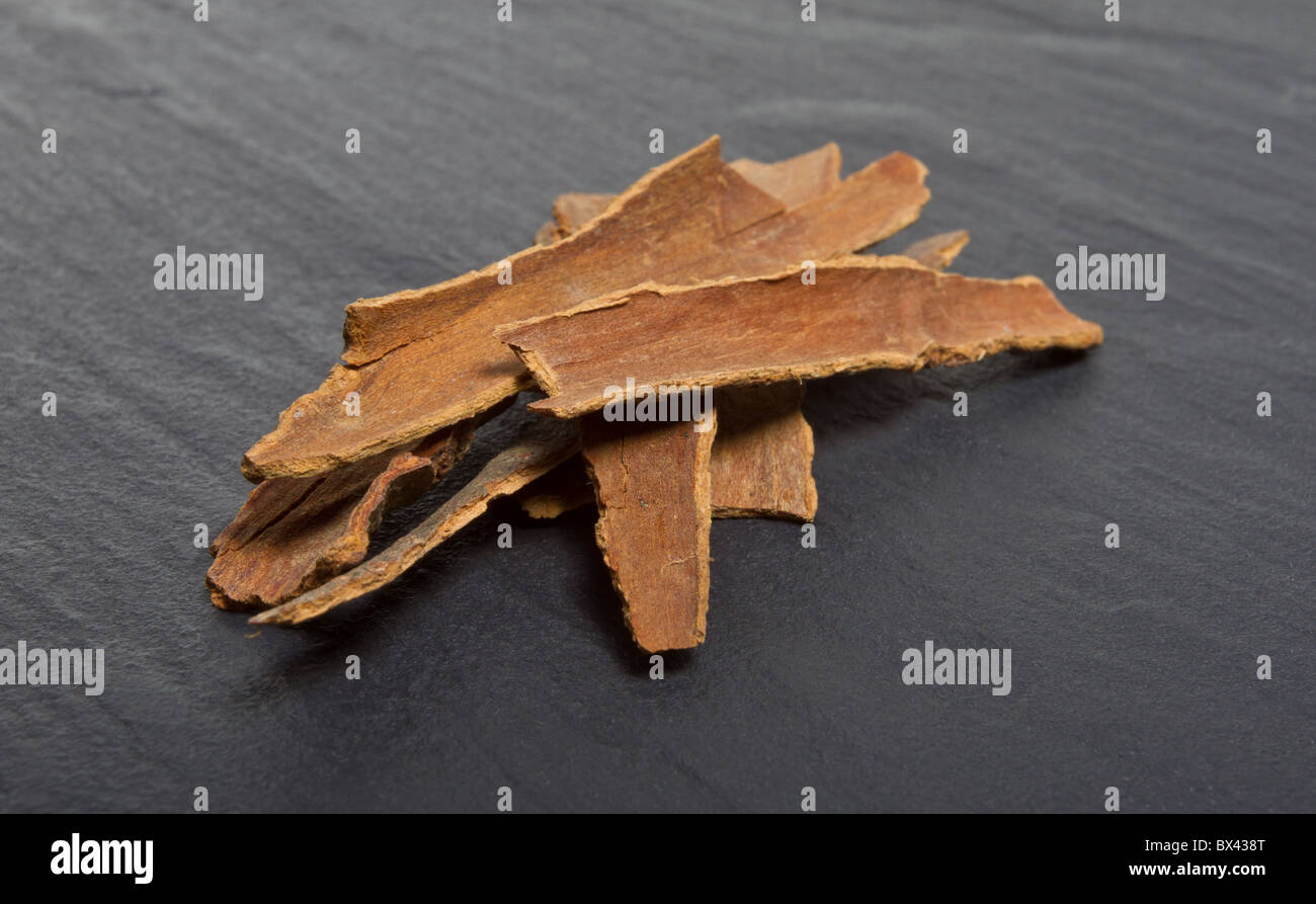 Pile of Cinnamon bark from low perspective isolated on dark grey slate ...