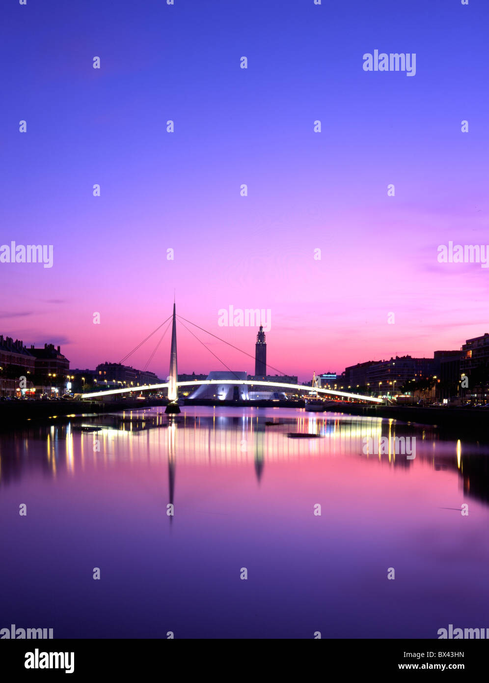 Le Havre basin du commerce skywalk bridge architecture modern dusk ...