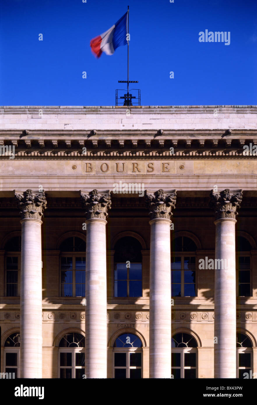 Bourse stock exchange building construction facade columns flag Paris ...