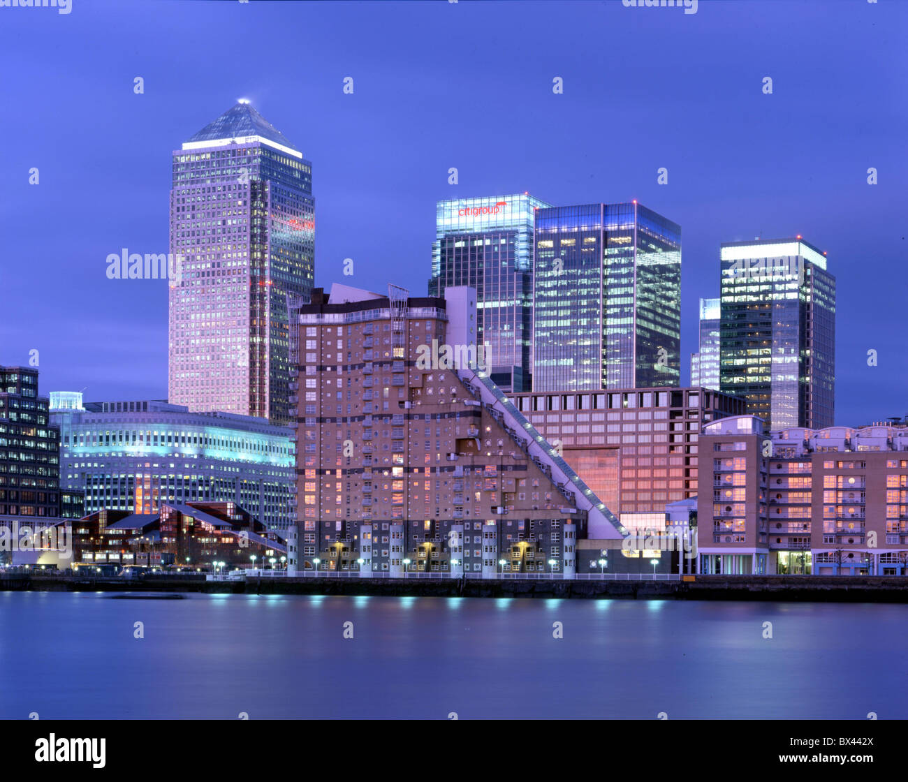 Cascades skyline at night night modern Canary Wharf dock land London ...