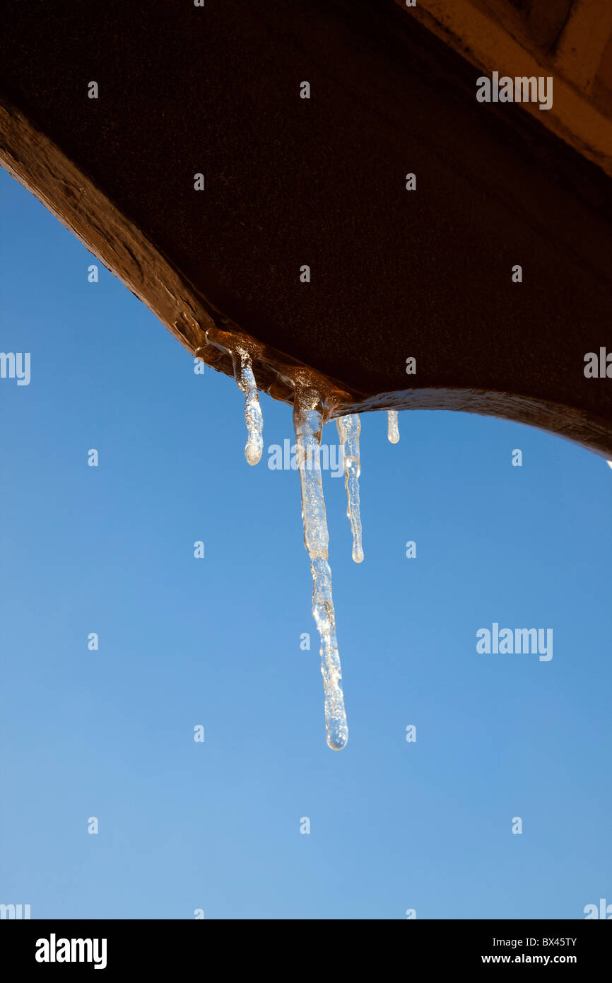 Weather, Winter, Frost, Icicles hanging from household facia panel ...