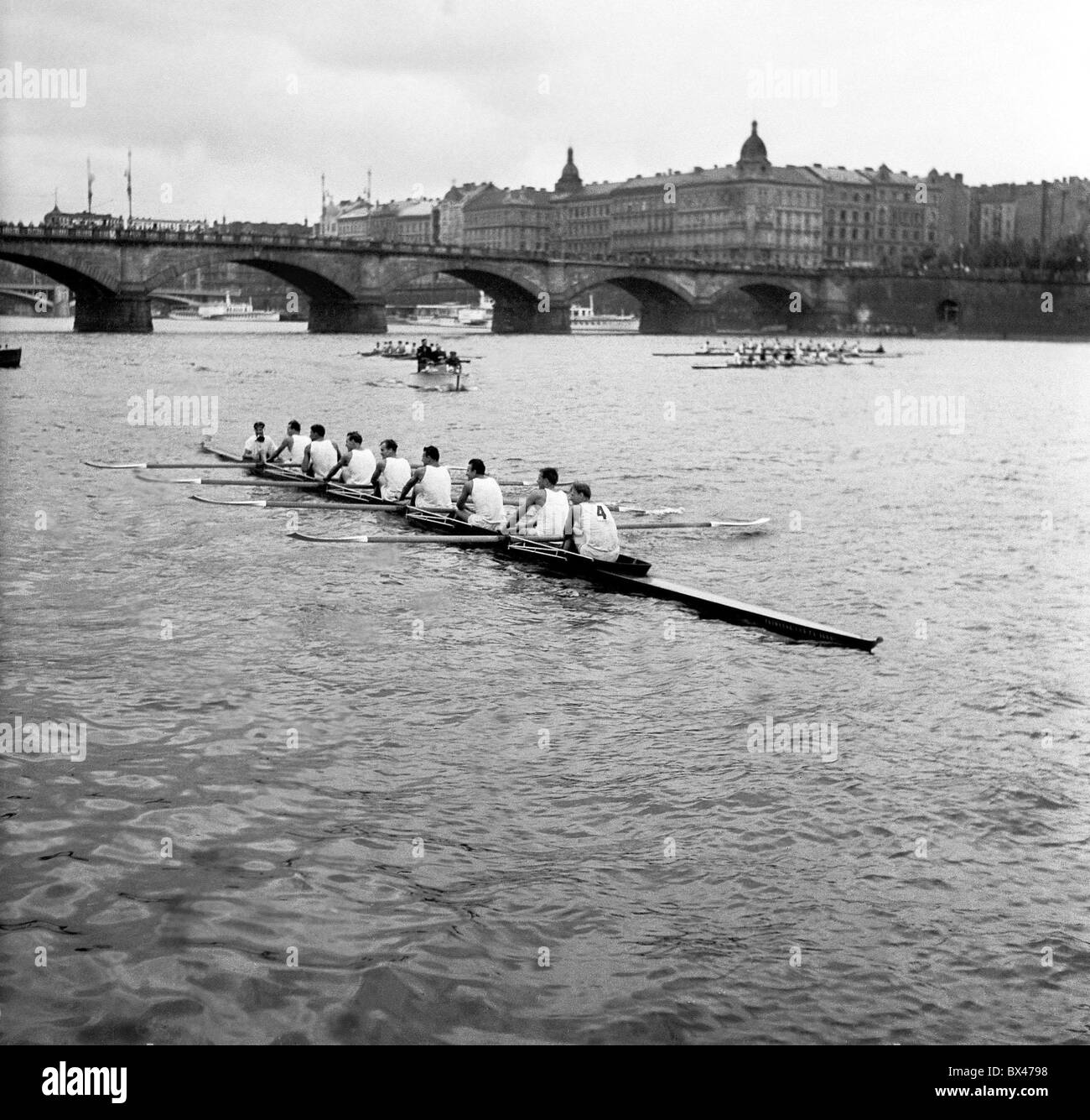 Czechoslovakia - Prague 1949. Rowers row during race on Vltava River ...
