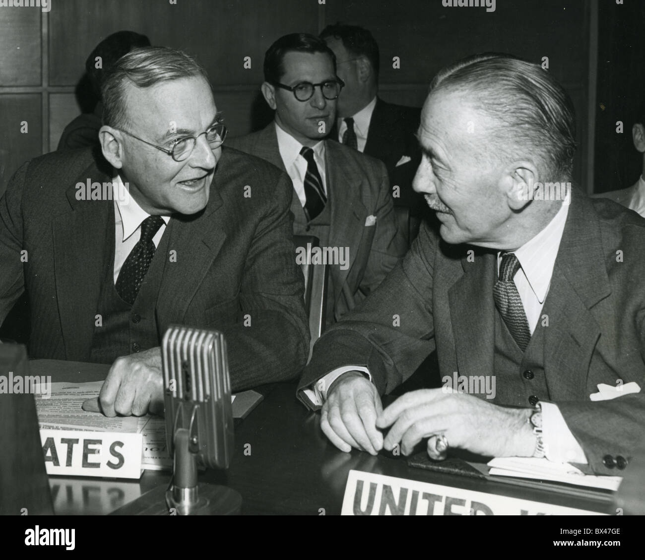JOHN FOSTER DULLES and SIR ALEXANDER CADOGAN at the UN about 1950 Stock ...