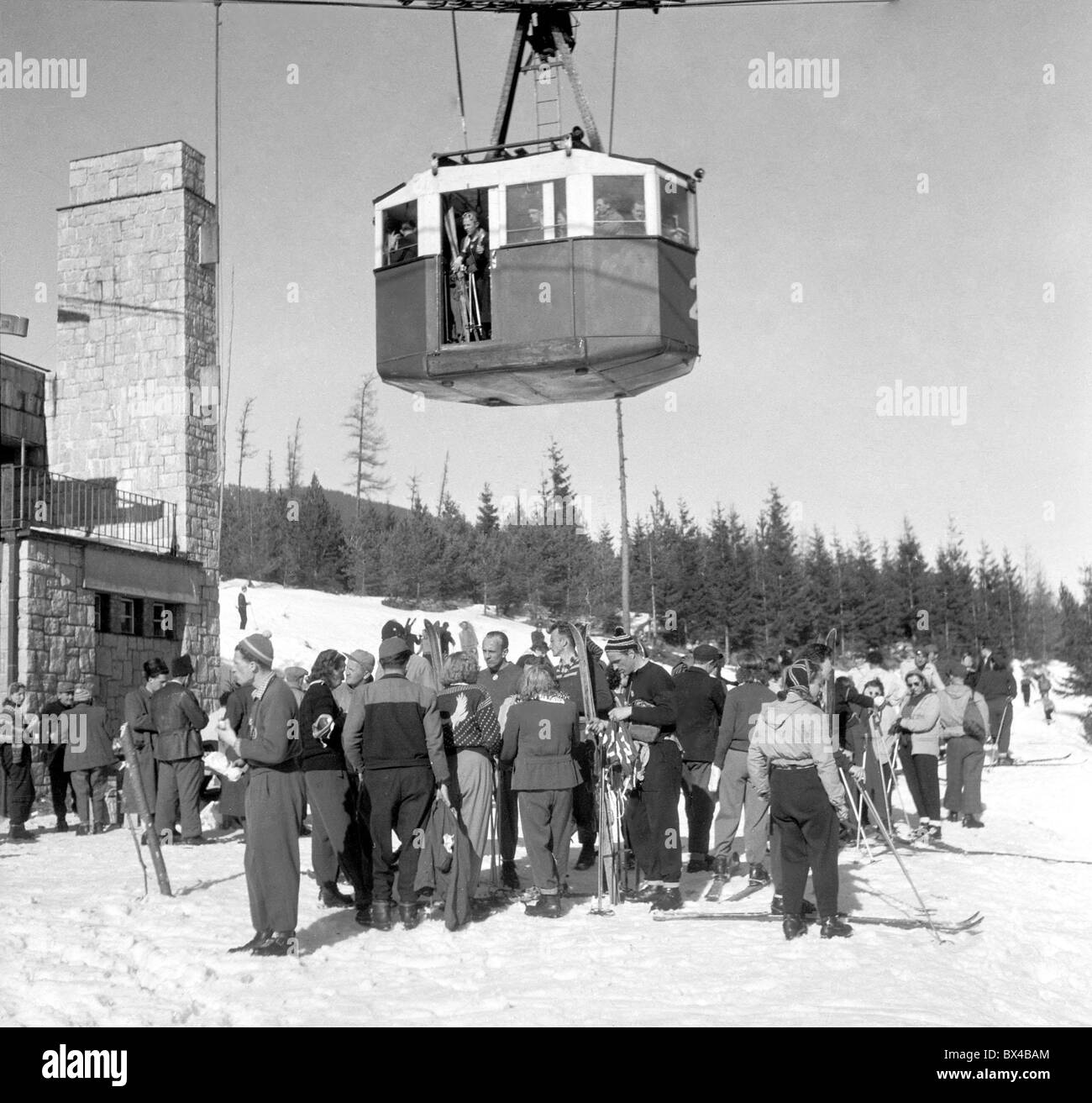 Czechoslovakia - Tatra Mountains 1950. Skier waiting in line for cable ...