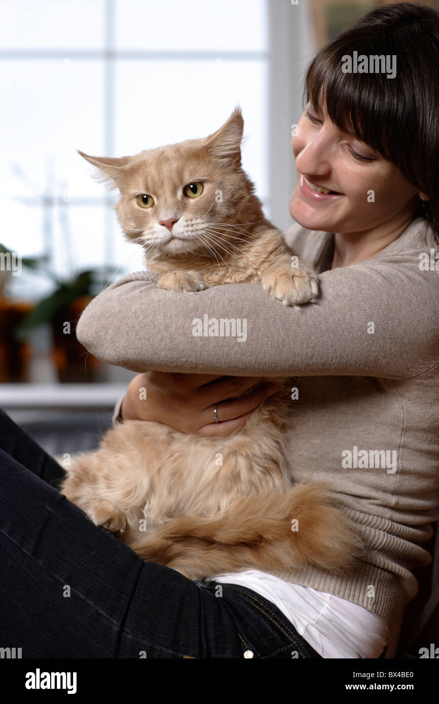 woman has a cat in her arms Stock Photo - Alamy