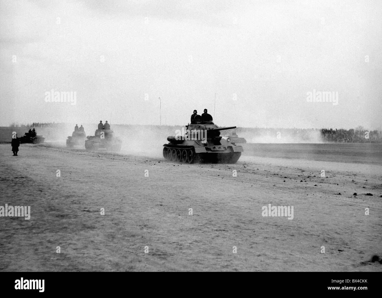 Prague, tanks during military parade advancing down Masaryk Stadium ...