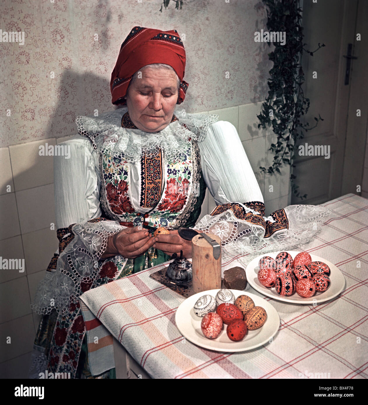 Czechoslovakia, Easter 1958, woman wearing traditional dress handpaints ...