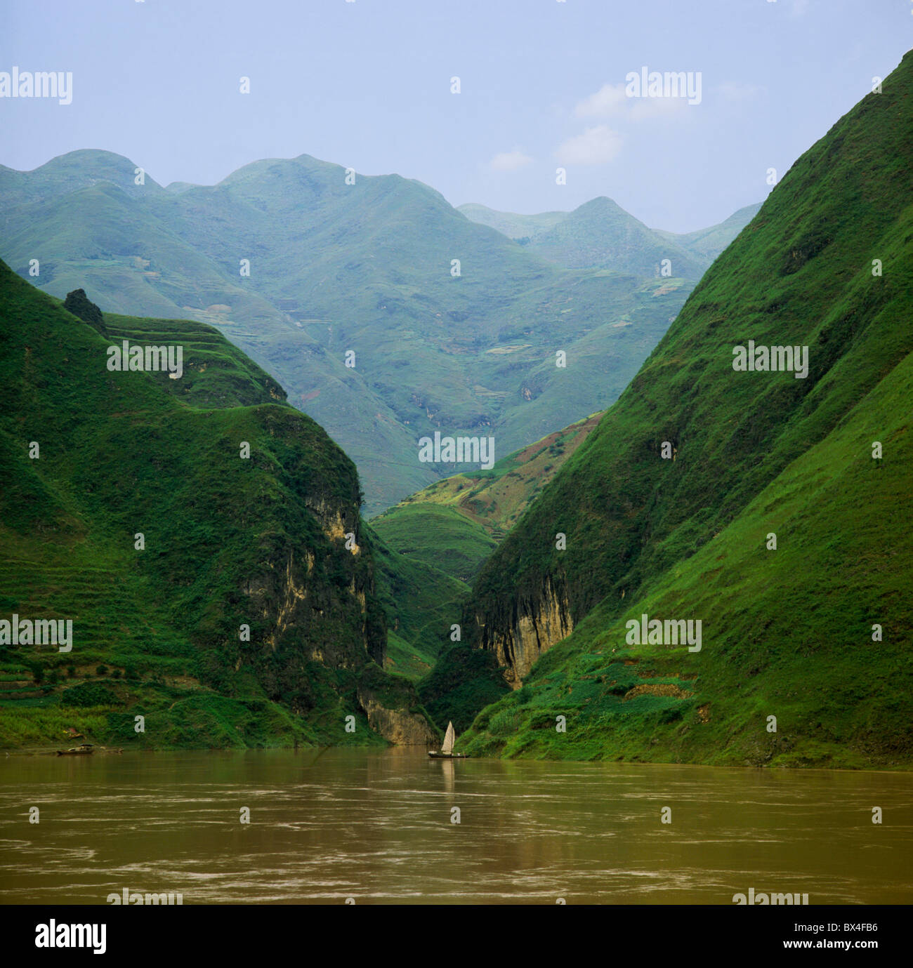 Yangtze river scenery landscape mountains Boat Sichuan province China ...