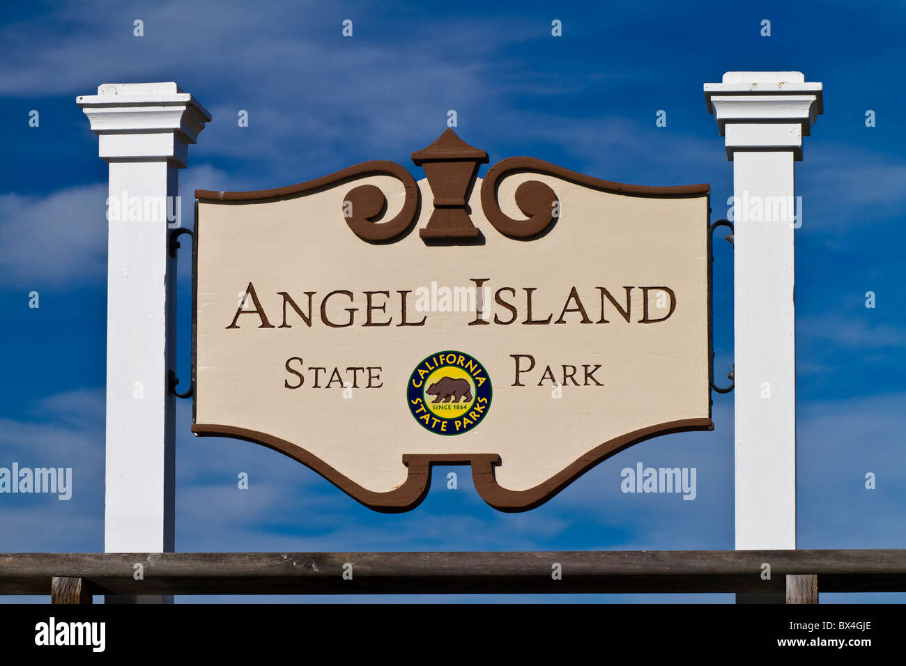 Sign greeting visitors to Angel Island State Park, California Stock ...