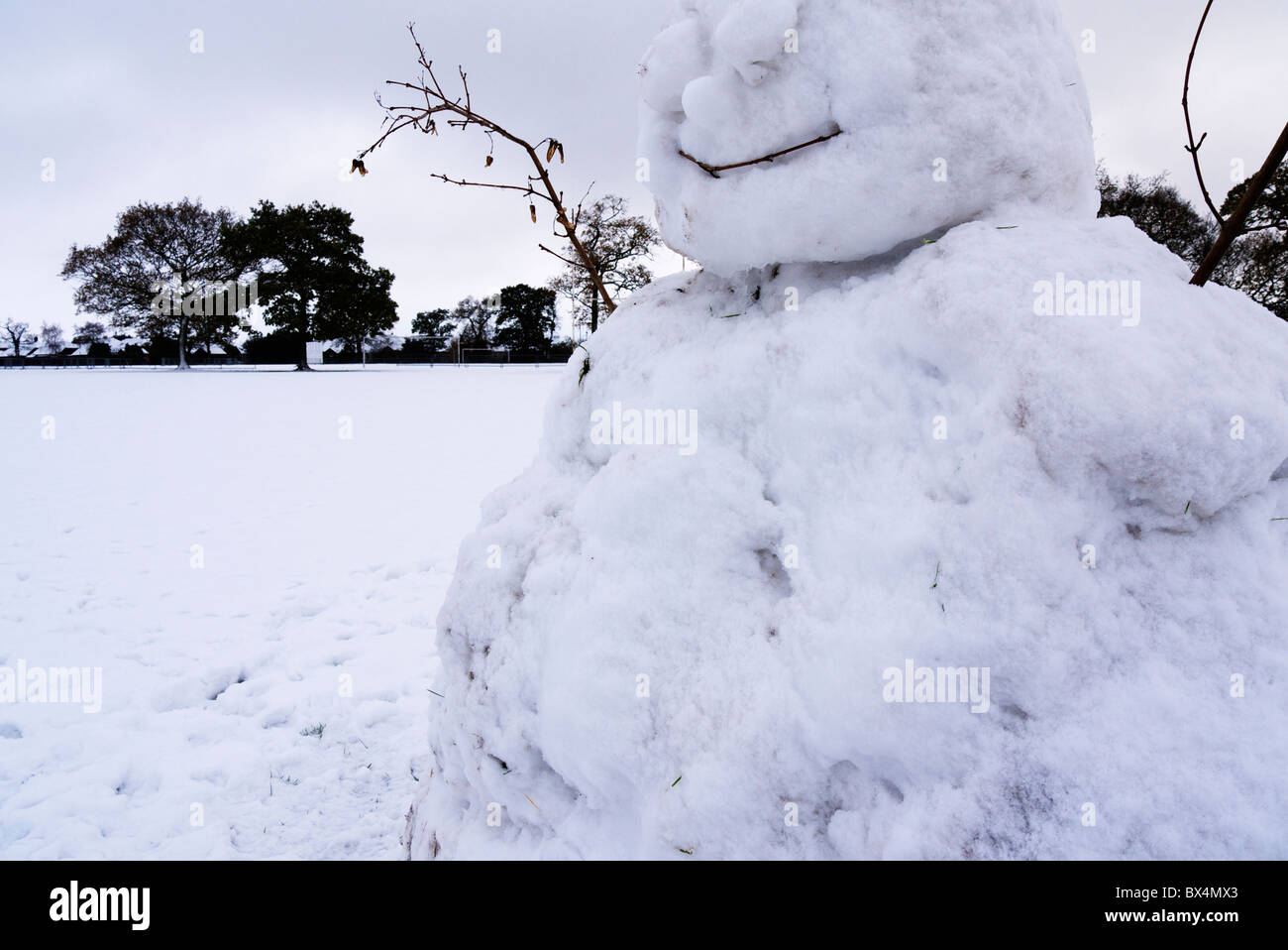 Snow man pointing at the trees Stock Photo - Alamy