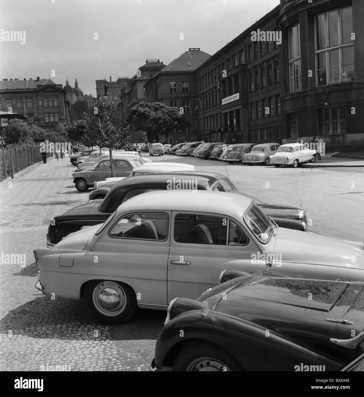 1960 vehicles are parked at Albertov in Prague, Czechoslovakia 1963 ...
