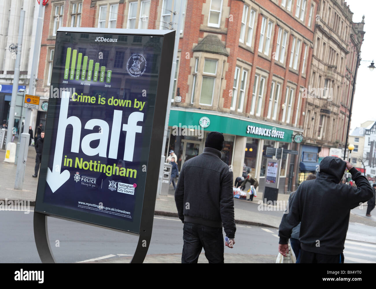 A Nottinghamshire Police street sign showing a 50% reduction in crime ...