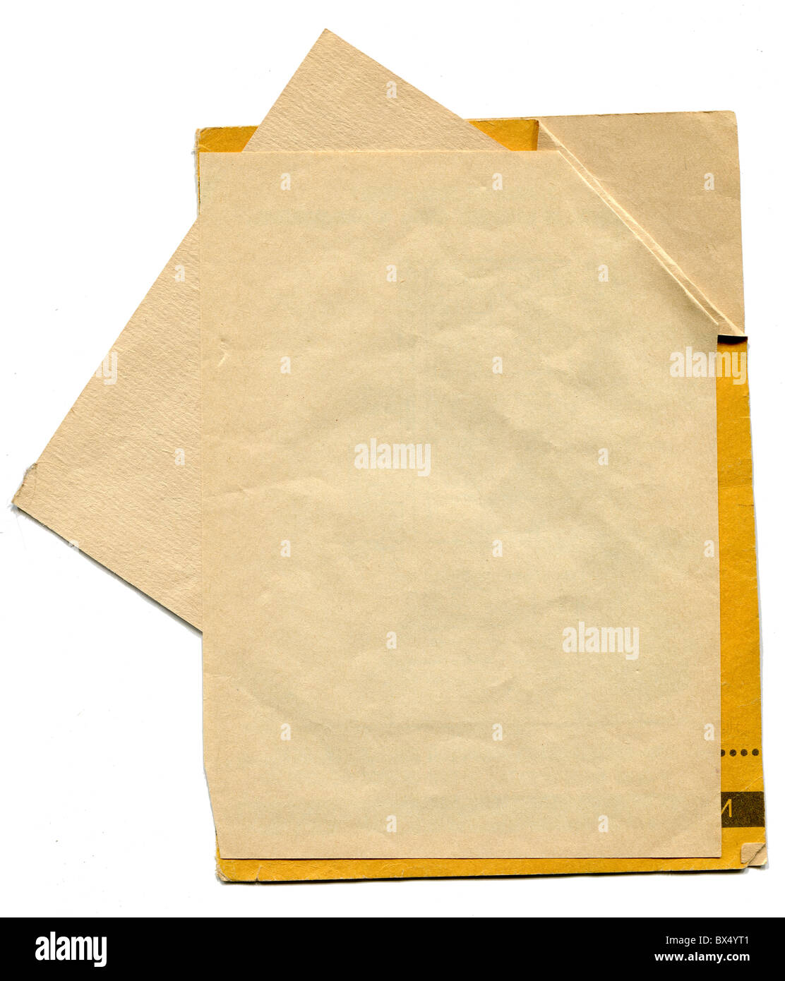 glued together sheets of yellowed old paper isolated on white ...