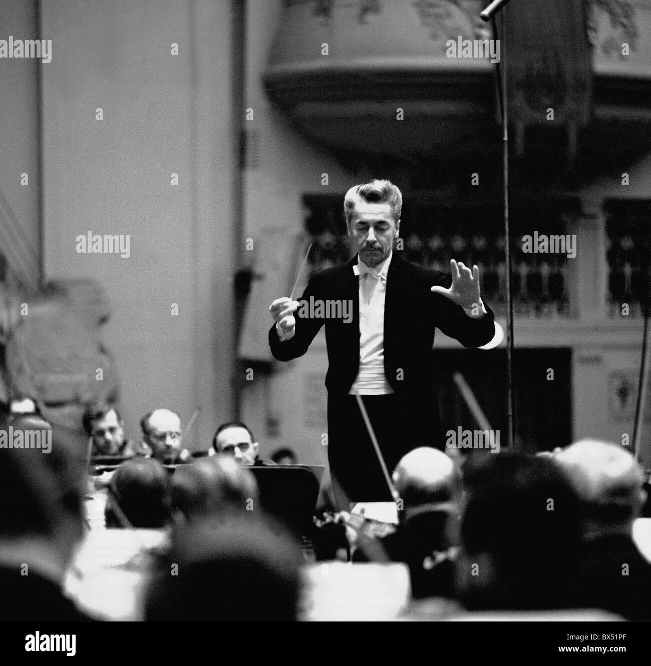 Austrian orchestra conductor Herbert von Karajan conducts in Prague ...