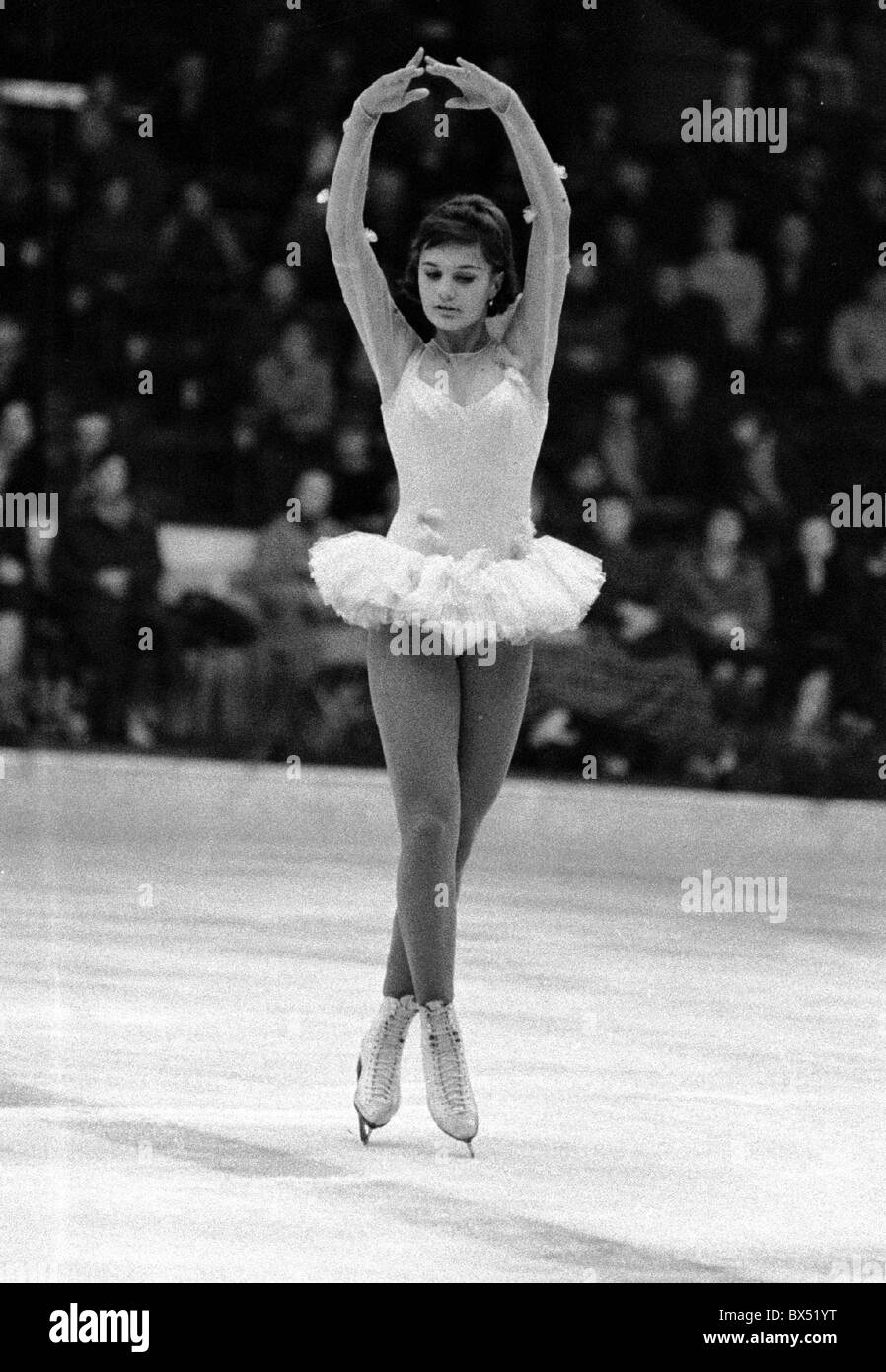 Figure skater Hana Maskova performing on ice in Prague, Czechoslovakia ...