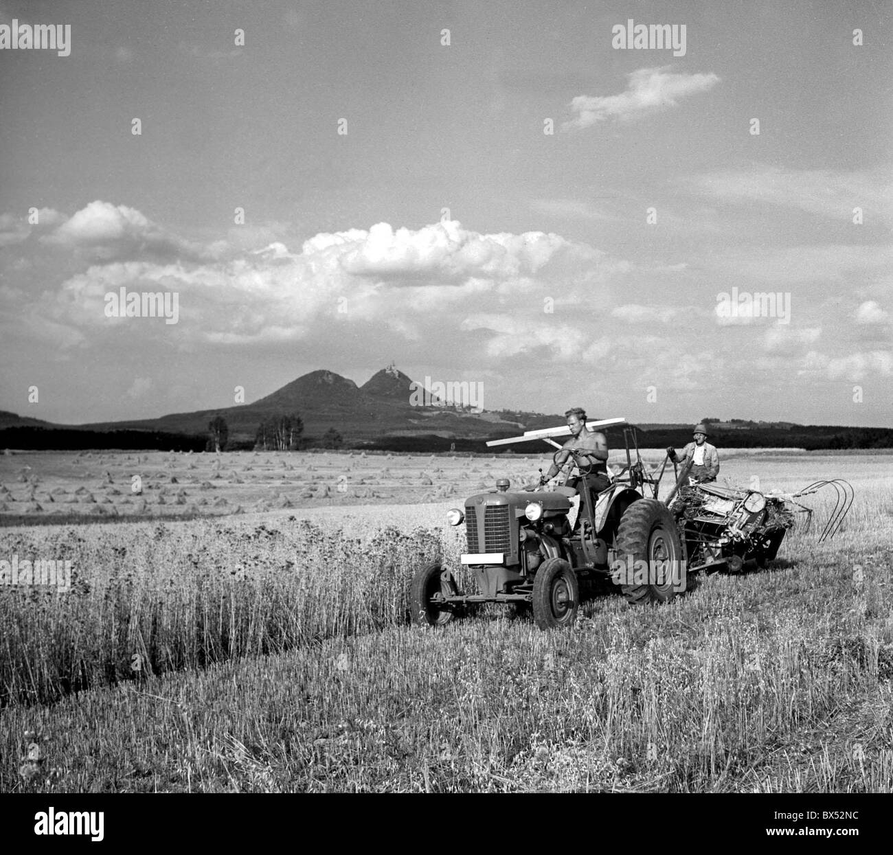 Czechoslovakia, whaet harvest. Man atop harvesting machine pulled by ...