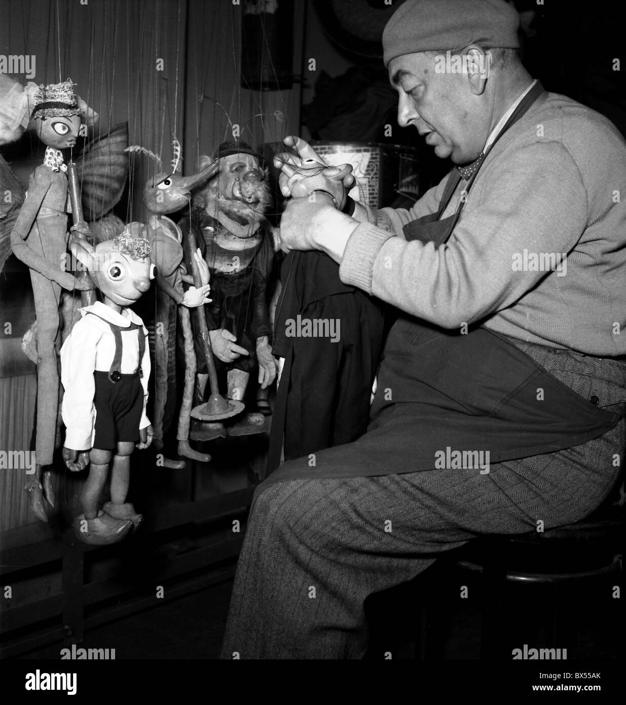 Czechoslovakia 1955. Josef Skupa with his popular puppets Hurvinek ...