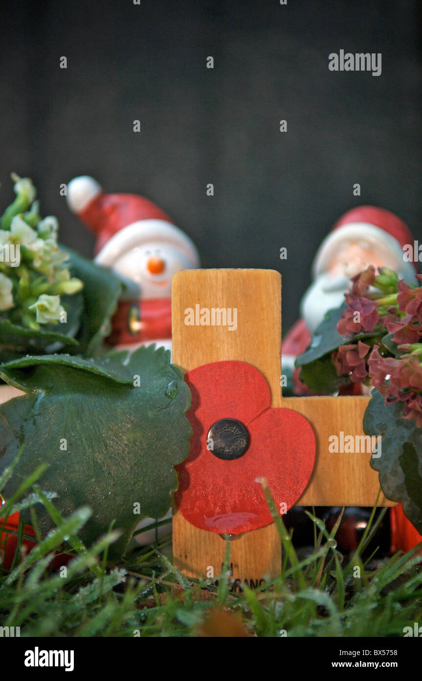 Remembrance poppy and cross with Christmas figures left by children ...