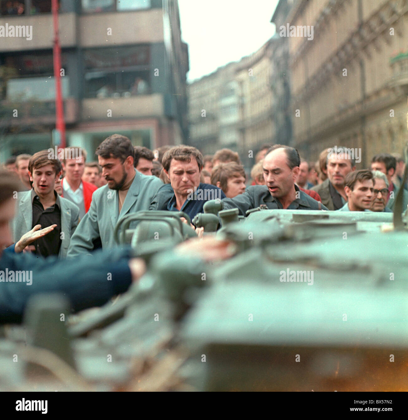 Soviet tank, troops, soldiers, Prague, Wenceslas Square, protest Stock ...
