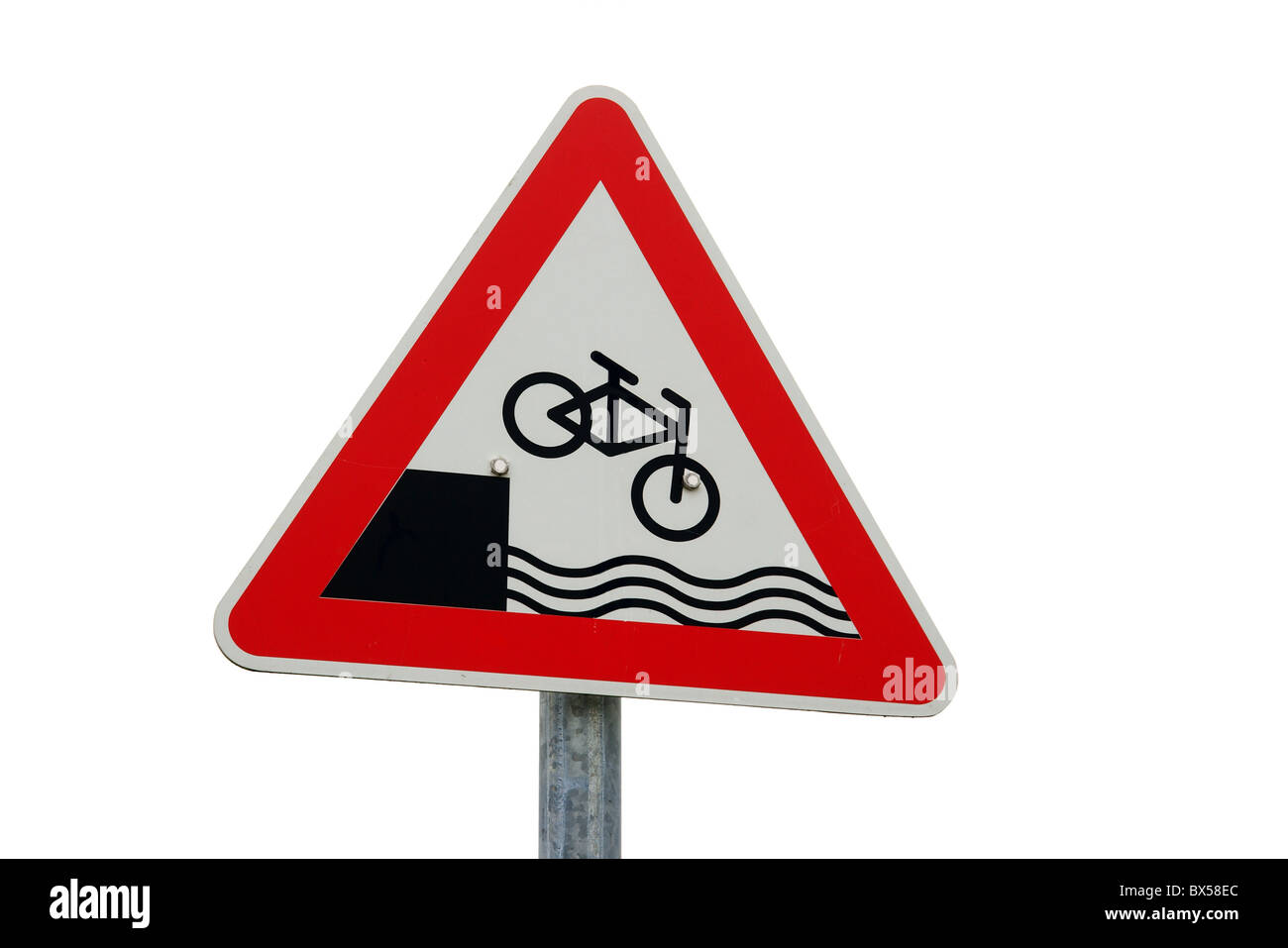 Warning sign reminds about the danger of falling into the water with ...