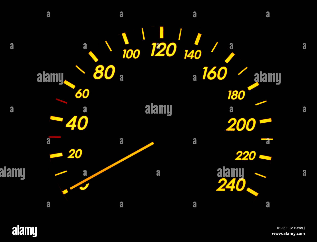 Speedometer of a car showing 0, yellow on black background Stock Photo ...