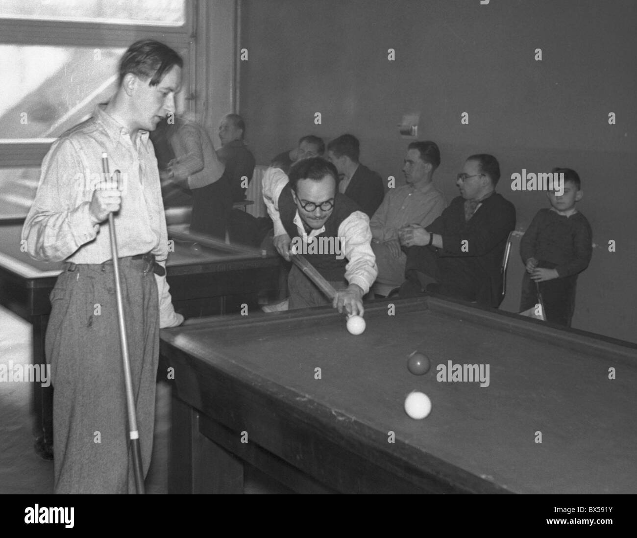 Prague 1938, students playing pool Stock Photo - Alamy